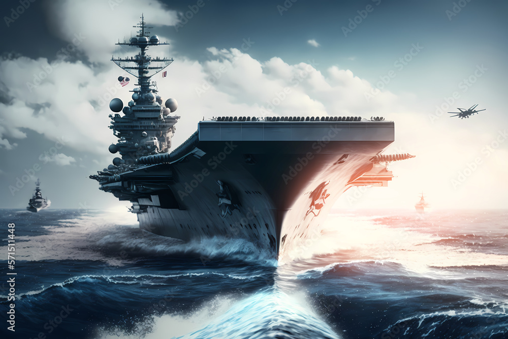 Military navy ship carrier in water ocean with sun light. Warship of ...