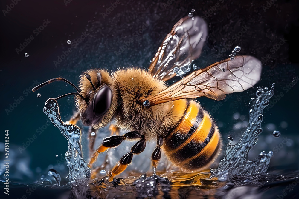 Macro photo bee with splashes of honey water on dark blue background ...