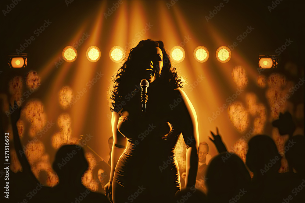 Portrait of young female singer on stage singing surrounded by lights ...