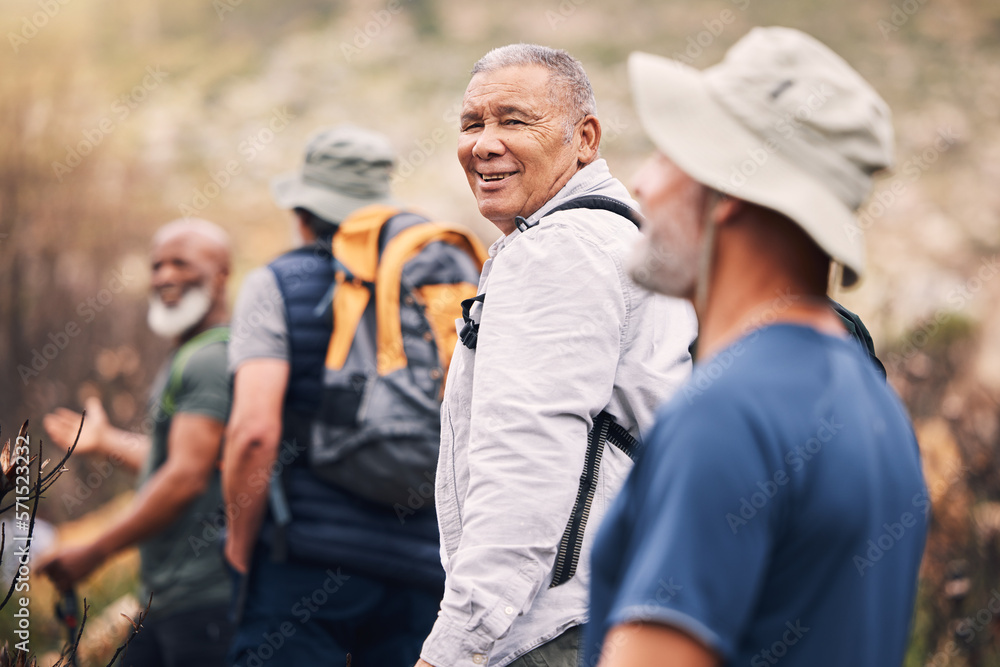 Hiking, nature and senior friends on mountain for fitness, trekking and ...