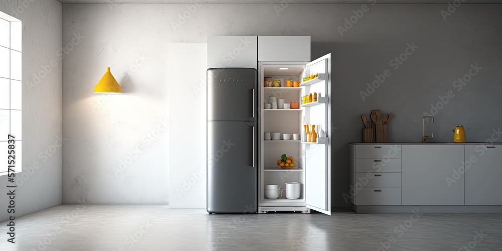 Front view of a well lit kitchen interior with a cupboard, a white wall ...