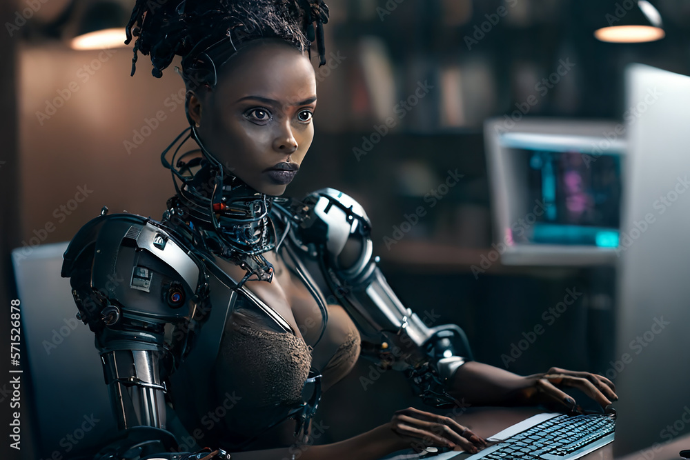 A female robot works in the office at the computer. Dark-skinned female robot at the computer in ...