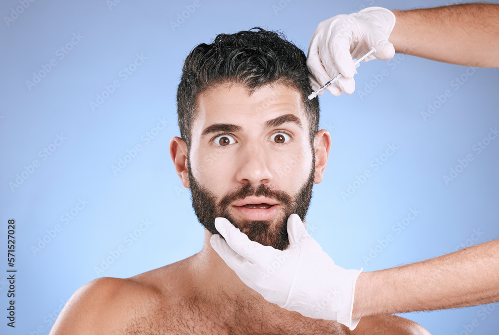 Injection, scared man and face for skincare, collagen and beauty ...