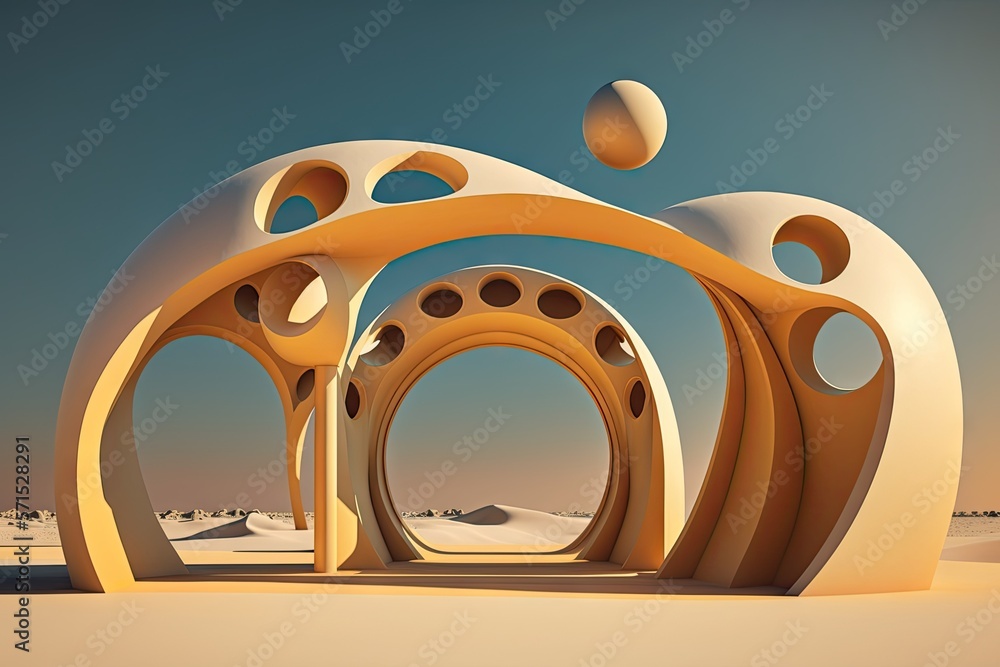 Abstract Architectural Structure With Soaring Golden Balls And Arches