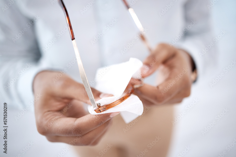 Hands, woman and cleaning dust of glasses with fabric tissue for ...
