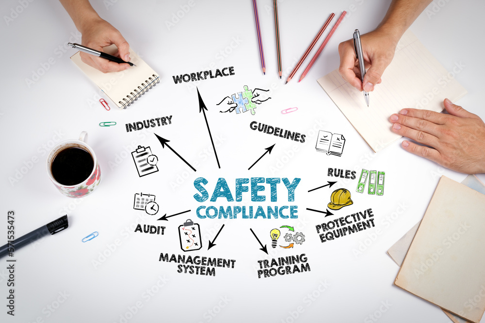 SAFETY COMPLIANCE Concept. The meeting at the white office table Stock ...