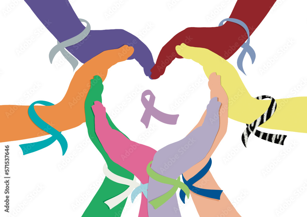 Cancer awareness, heart-shaped hands in the colours of the ribbons ...