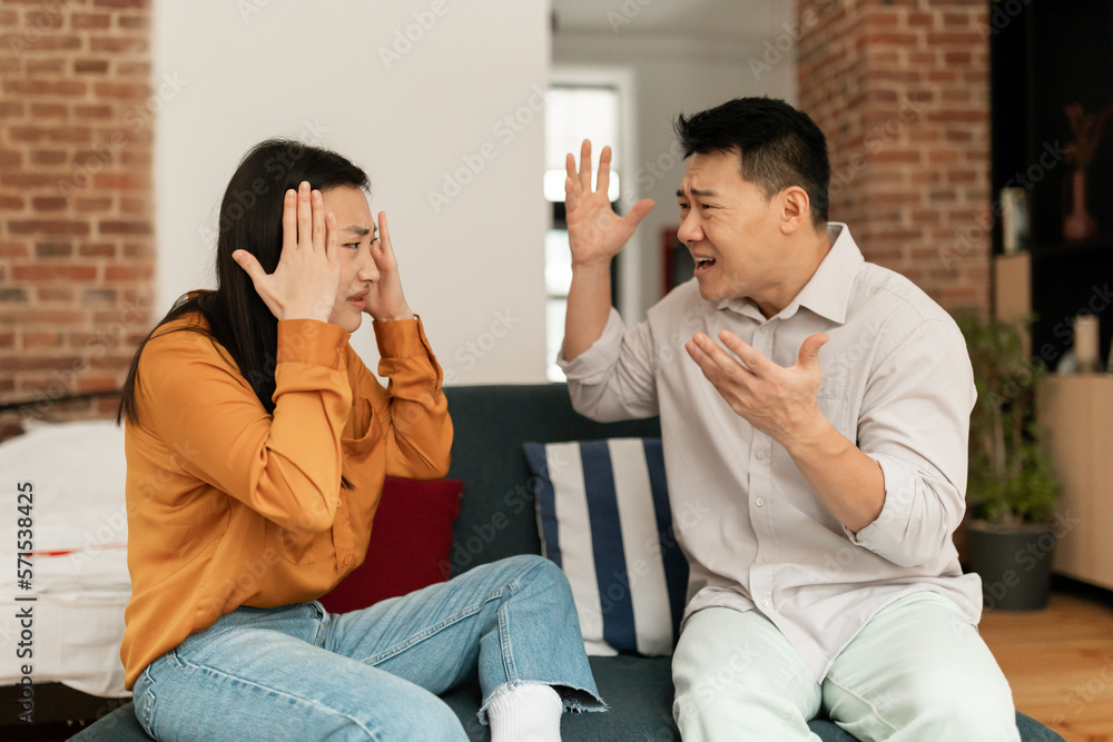 Marital problems, divorce concept. Married japanese couple having fight ...