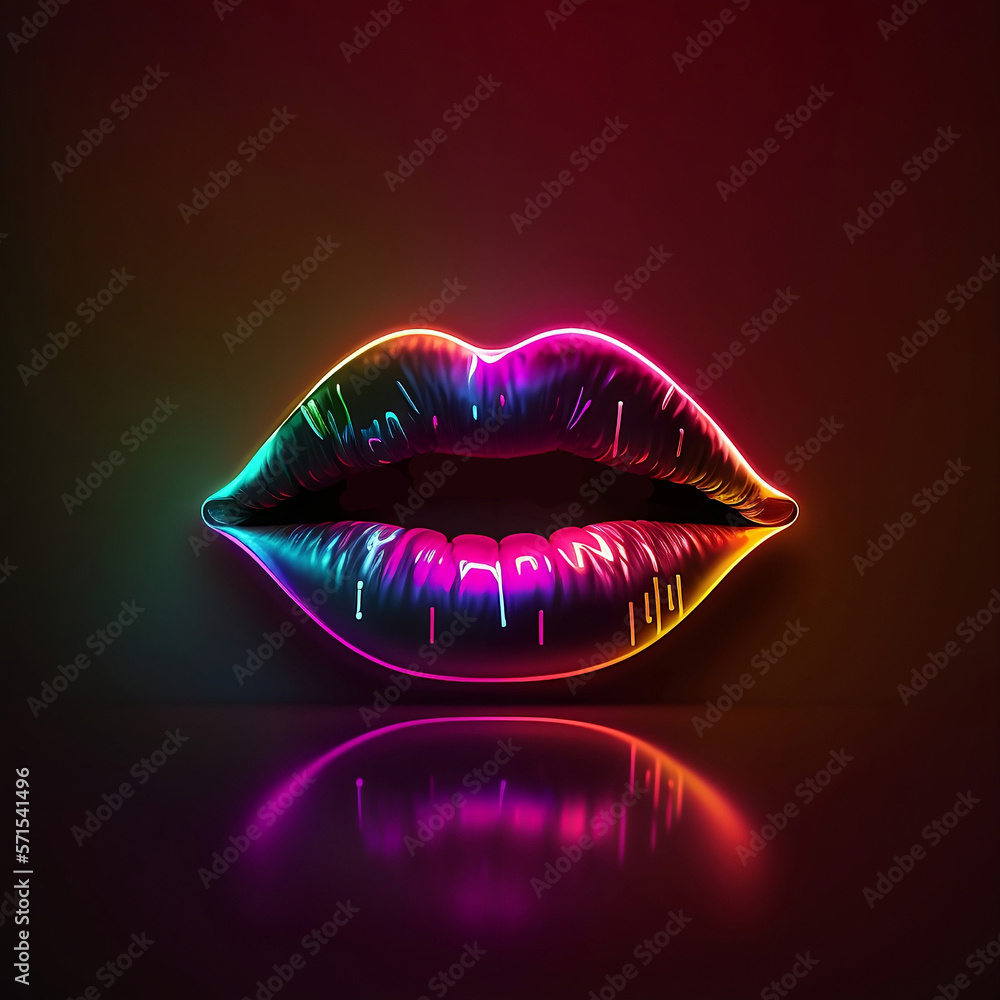 Neon lips with backlight on the dark background, Glossy lips, concept ...