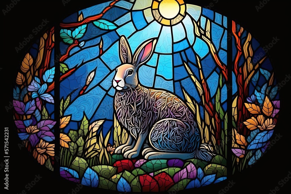 Highly Detailed Illustration of Rabbit in Front of Stained Glass Window ...