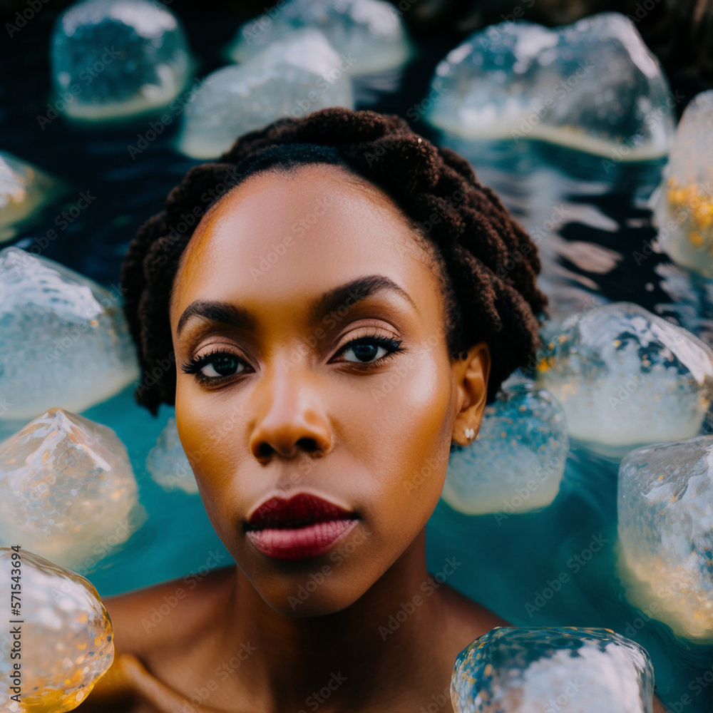 Black Woman Enjoy the Sensation of the Freezing Water in a Lake. Hair ...
