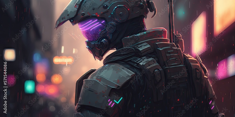Cyberpunk soldier with neon accents and lines. Illustration of a ...