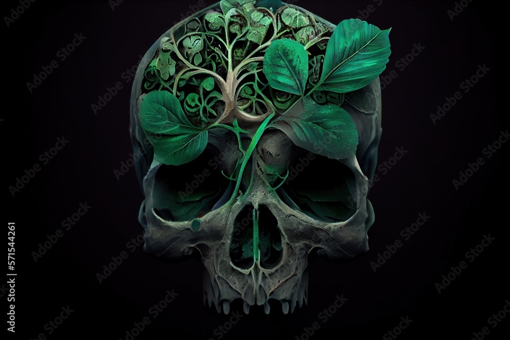 Skull with four leaf clover leaves. Green skull. Saint Patrick's skull ...
