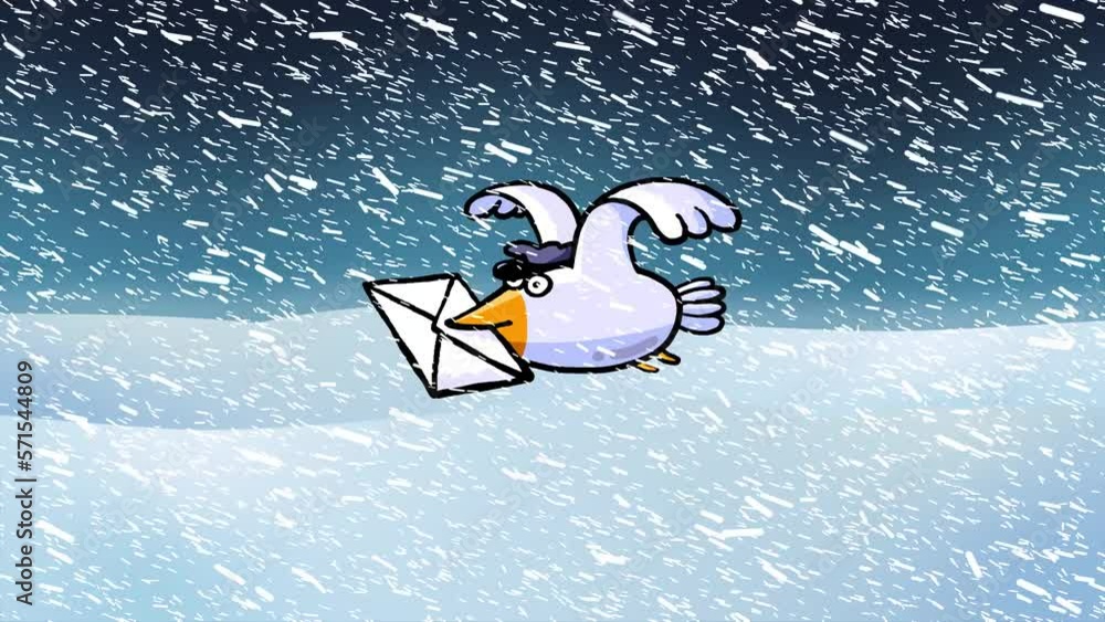 Cartoon carrier pigeon flying with envelope in snow blizzard. Postman ...