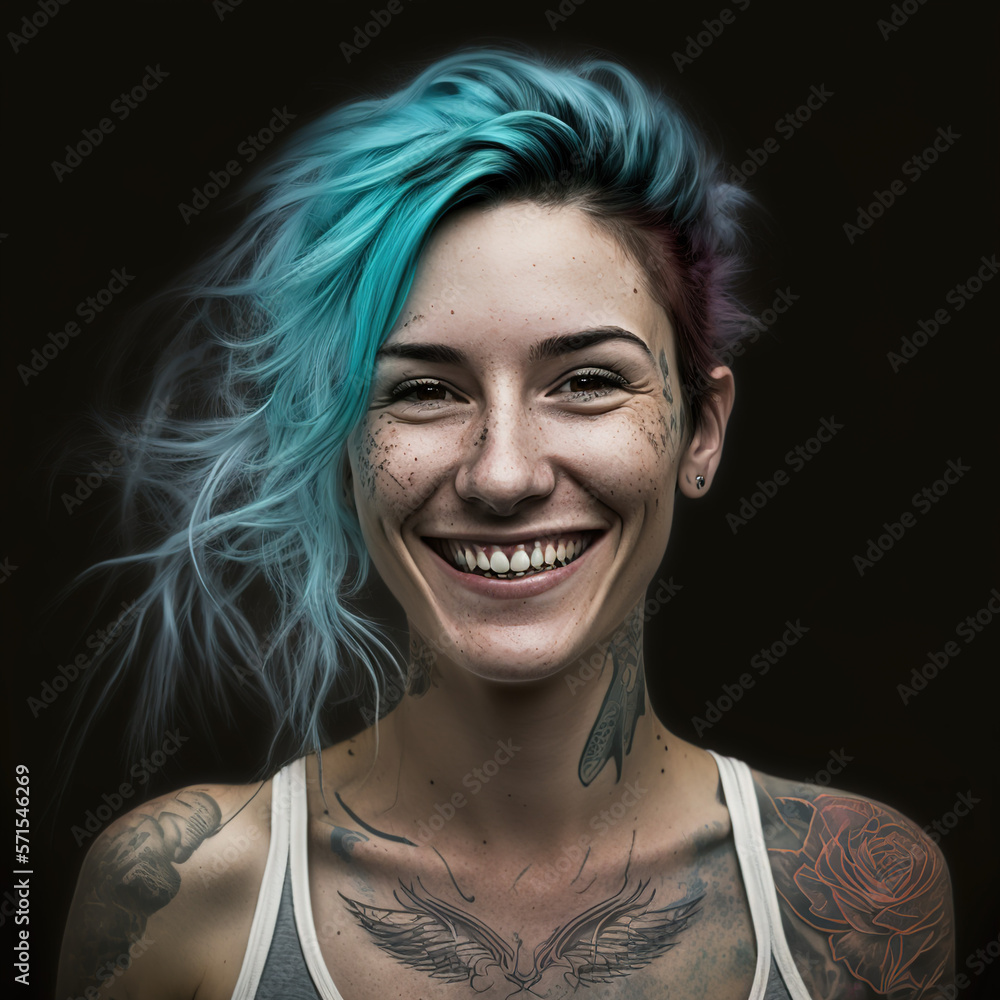 Portrait of a beauty alternative punk girl with colored dyed hair and ...