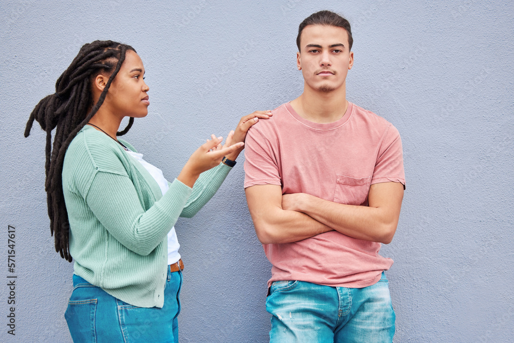 Interracial couple, wall background and argument in metro with black ...