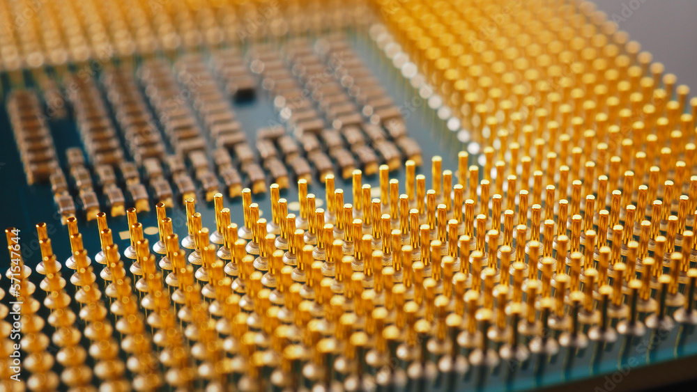 Foto de Microprocessor of computer close-up. CPU, semiconductor, pins ...