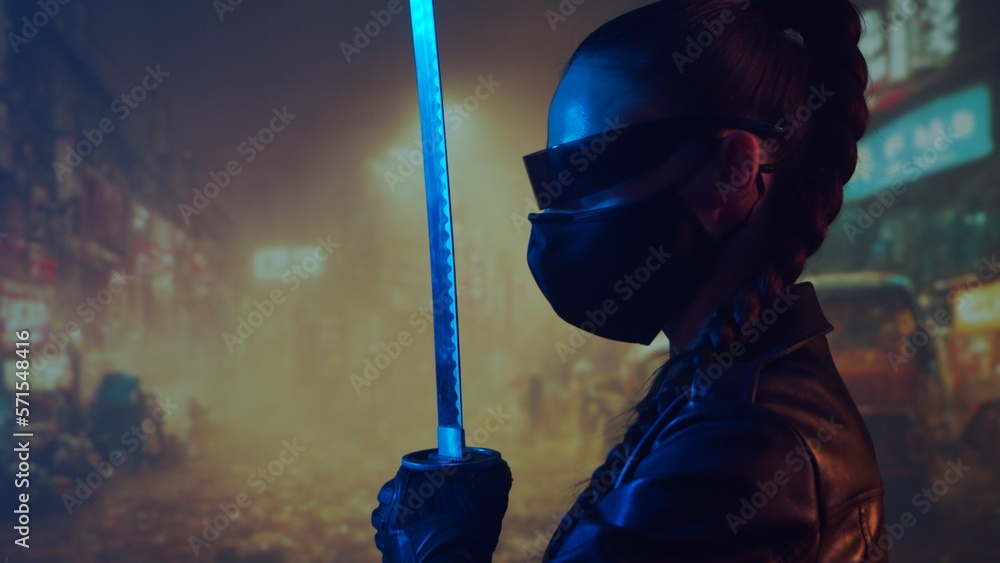 Cyberpunk ninja girl in a mask and with a katana. Beautiful female ...