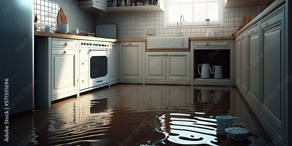 Detailed Image of Kitchen Floor Flooded by Water Leak. Generative AI ...