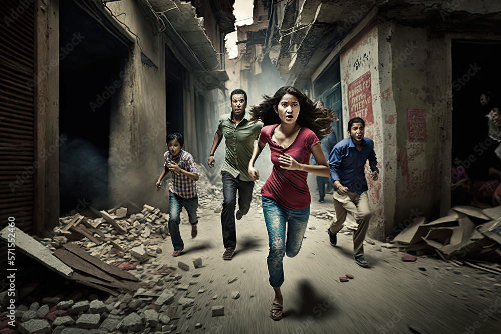 AI generated a frightened crowd of people run from an earthquake or ...