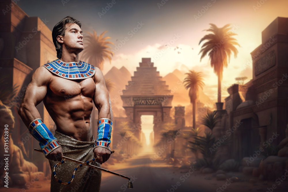 Portrait of antique pharaoh with muscular build and naked torso in ...