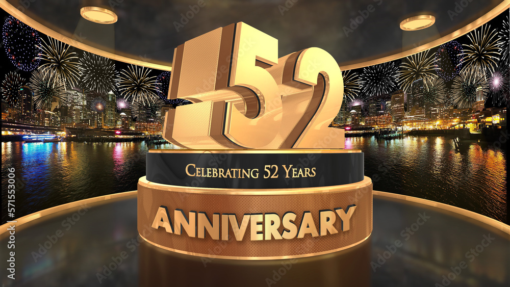 52nd anniversary illustration in gold with fireworks background, 52 ...