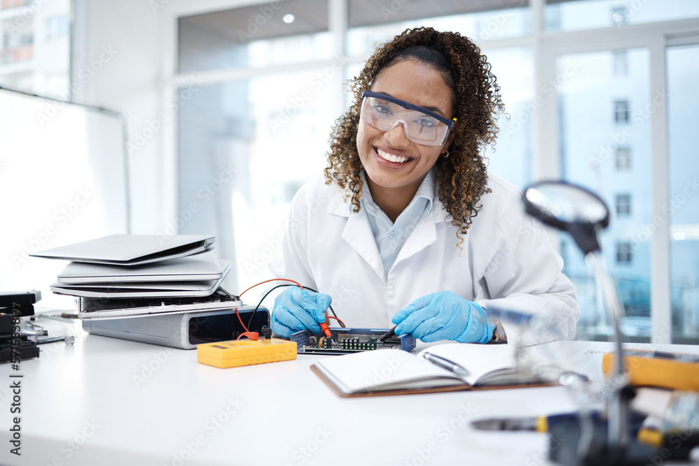 Programming, hardware repair and portrait of black woman electrician on ...