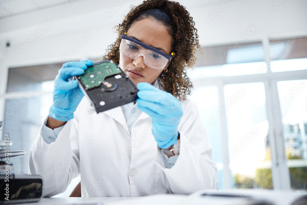 Hardware inspection, computer and black woman electrician with ...