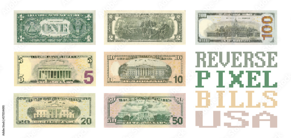 Vector set of pixel reverse sides of US banknotes. Paper American money ...