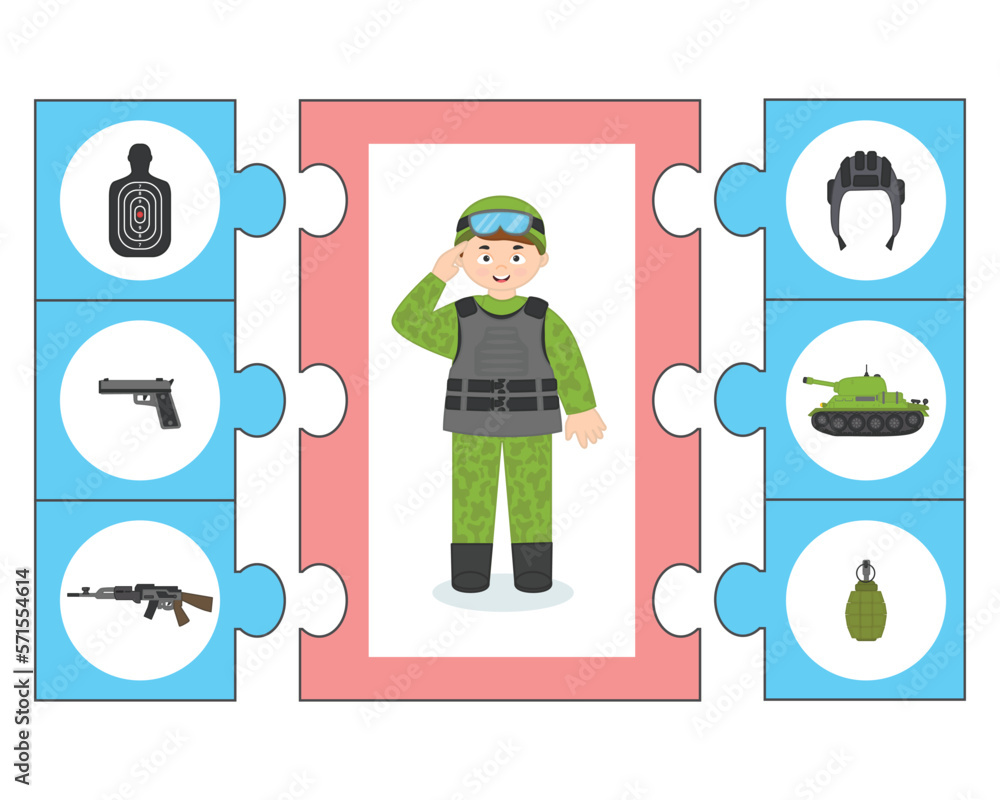 Game for kids. Pazl. Soldier. Military educational activity. Profession ...