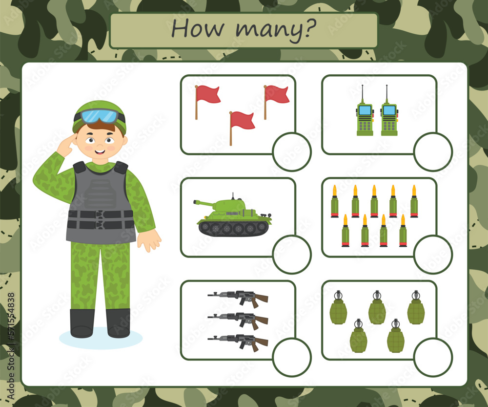 Game for kids. Count the number of items. Military educational activity ...