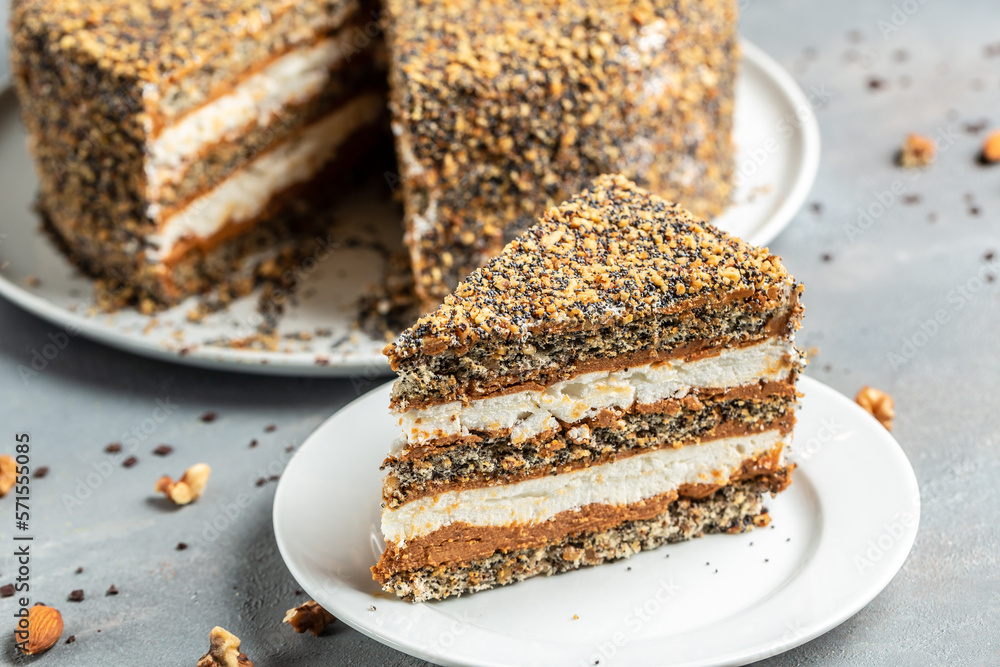 nut cake with condensed milk, Food recipe background. Close up. Layered ...