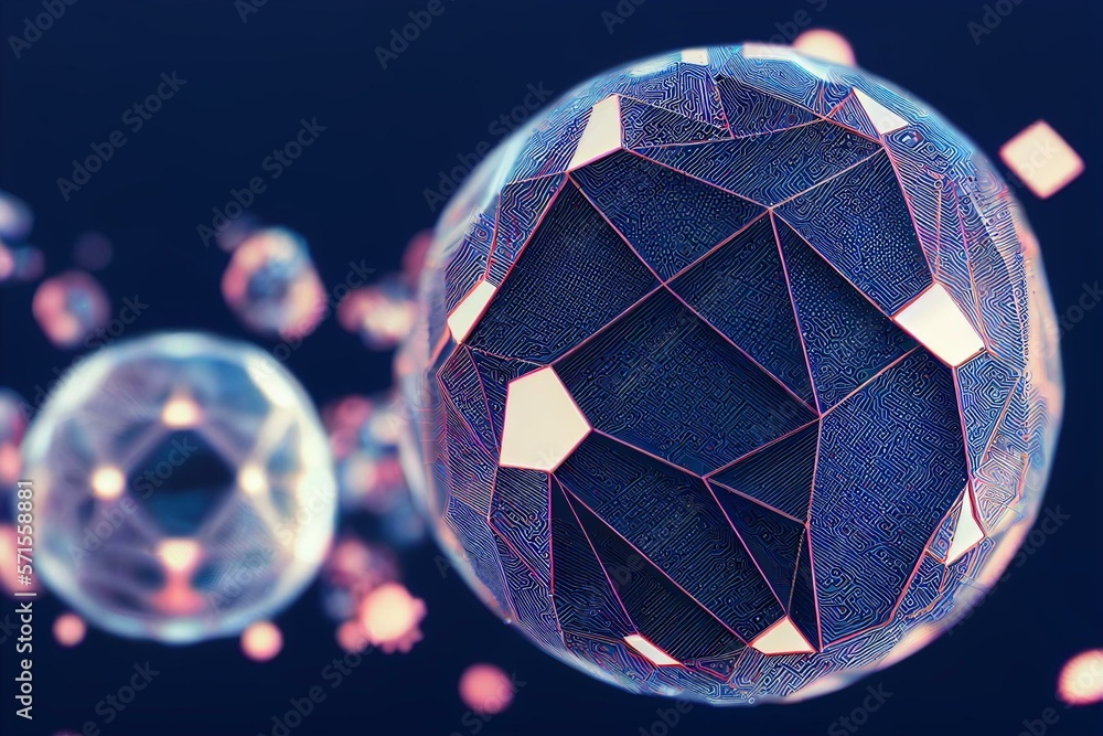 World of the metaverse. Printed circuit board connected to a polygonal ...
