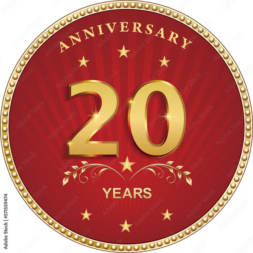20 years anniversary logo design in golden circle on red background ...