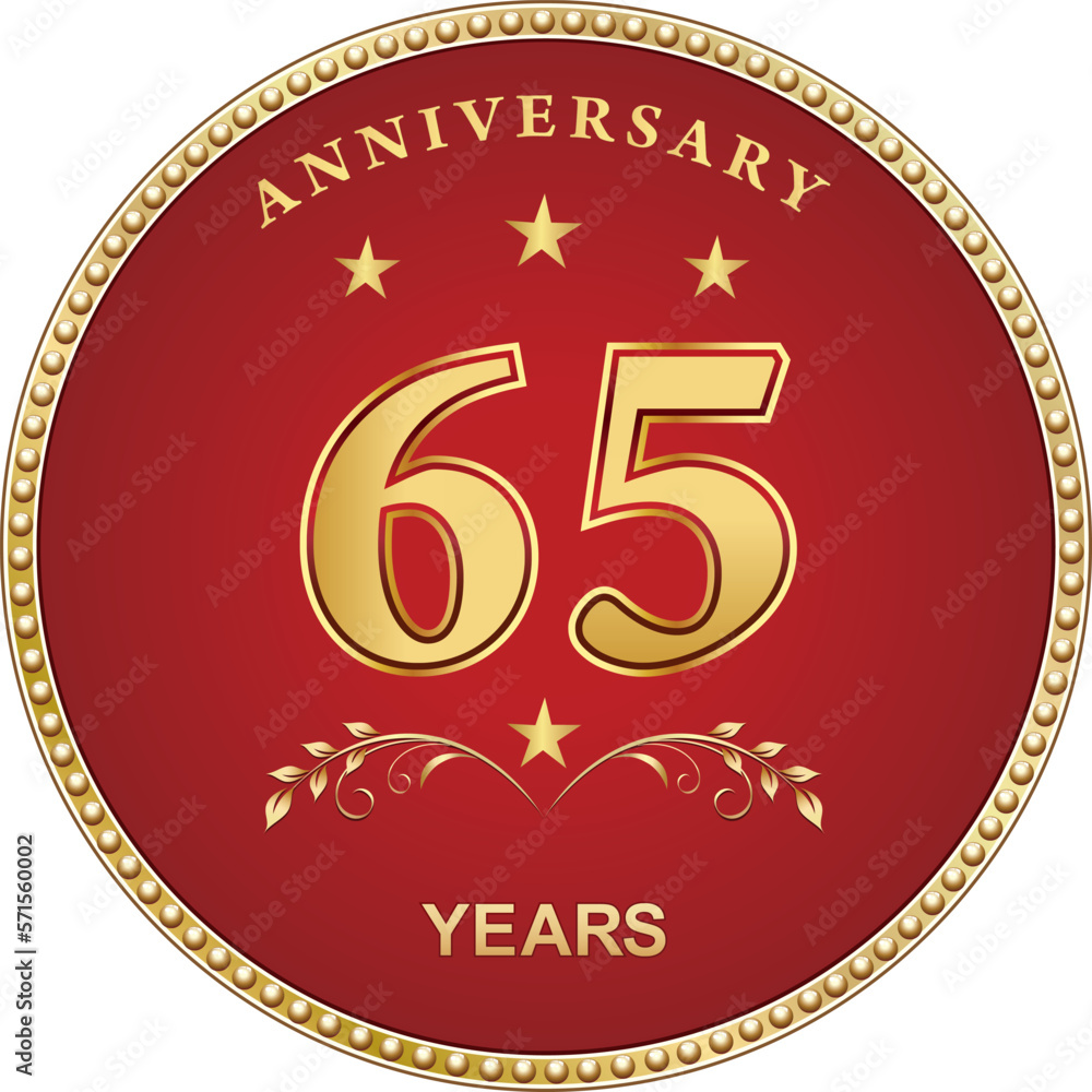 65 years anniversary logo design in golden circle on red background ...