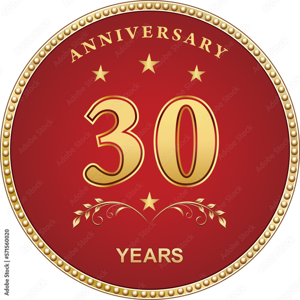 30 years anniversary logo design in golden circle on red background ...