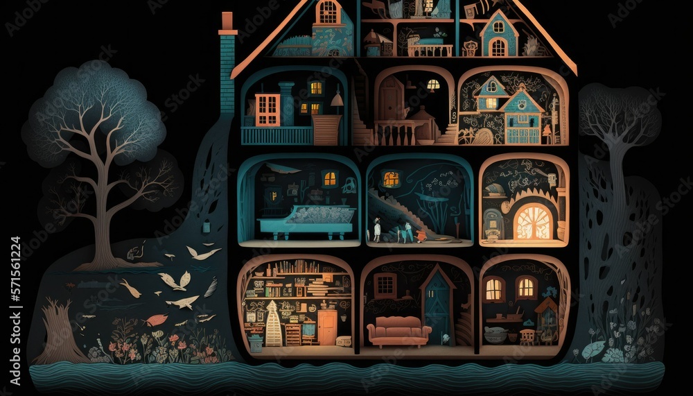 haunted house cross section with multiple rooms, sculls and treasure ...