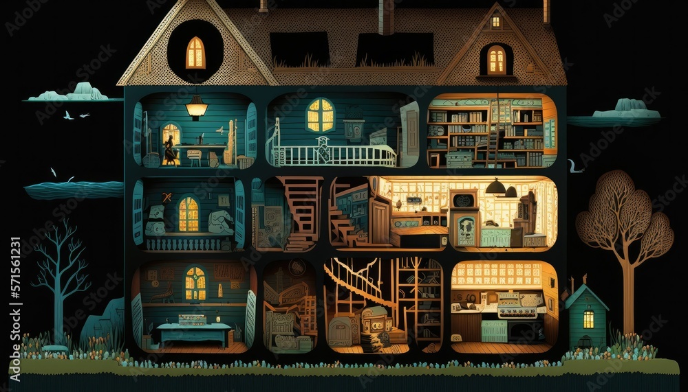 haunted house cross section with multiple rooms, sculls and treasure ...