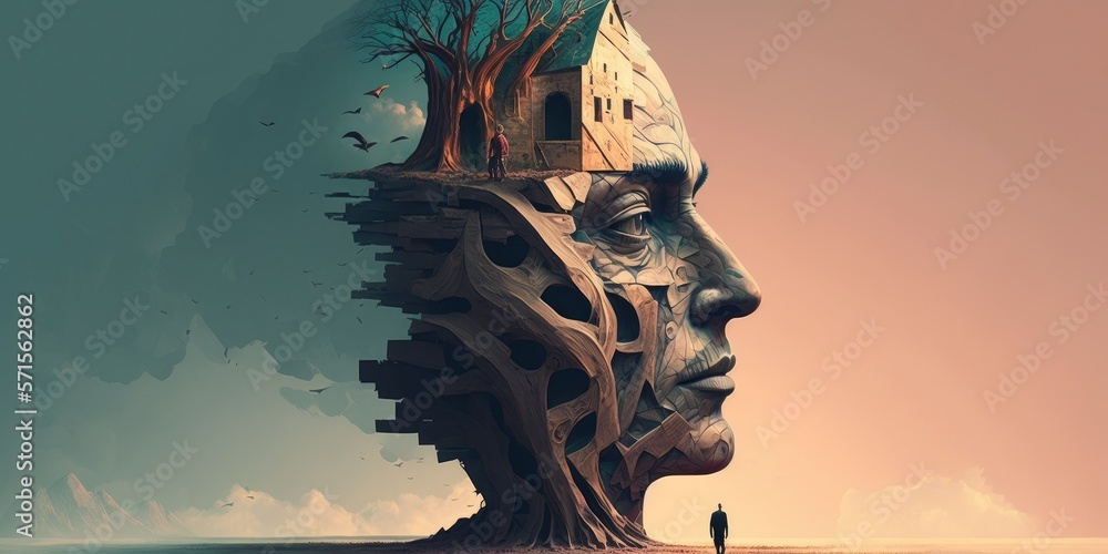 Man with steps on enormous human head sculpture, dream success and hope ...
