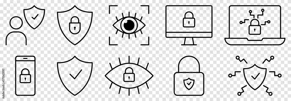 Security line icons. Eye access, internet protection, laptop password ...