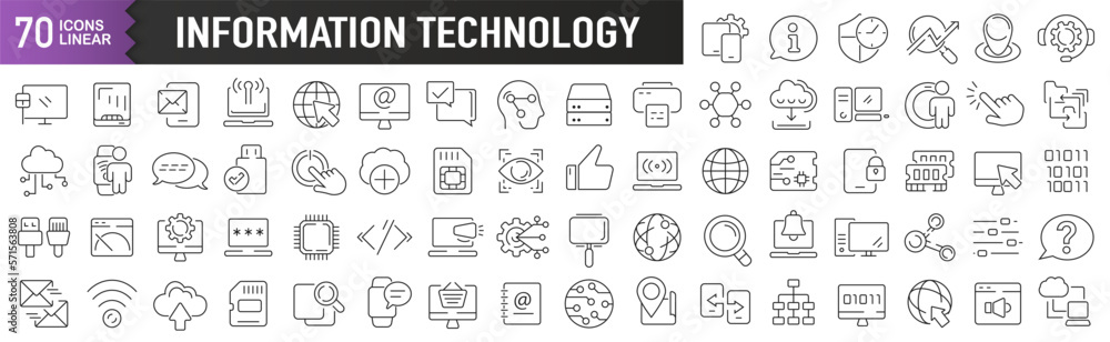 Information technology black linear icons. Collection of 70 icons in ...
