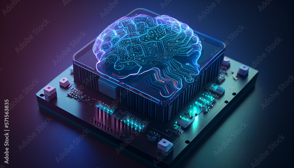 An AI interface that resembles a holographic brain, with lights and ...