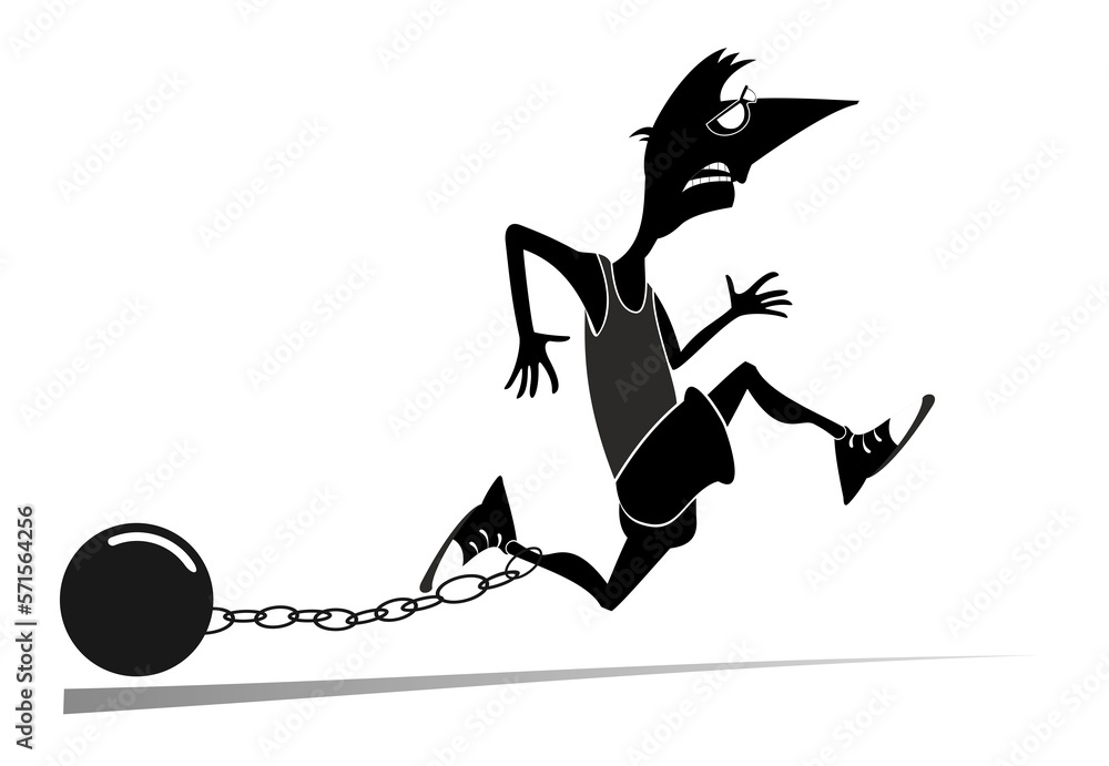 Hard training runner. Cartoon running man with a heavy connected by the ...