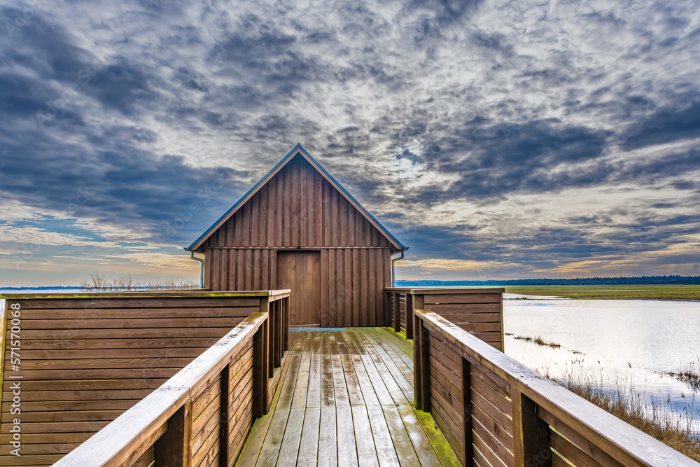 Bird watching house at Lake Filsø Filsoe in the western part of Denmark ...