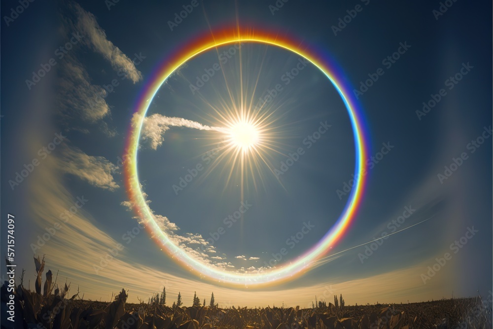 Beautiful sun halo phenomenon with circular rainbow, solar halo the ...