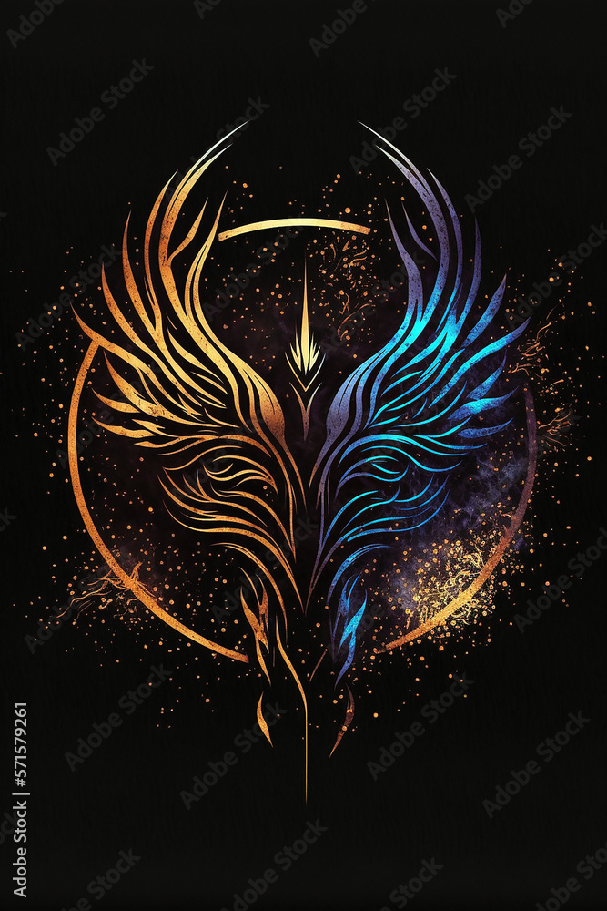 Illustration of a tribal fantasy logo with colorful symbol on black ...