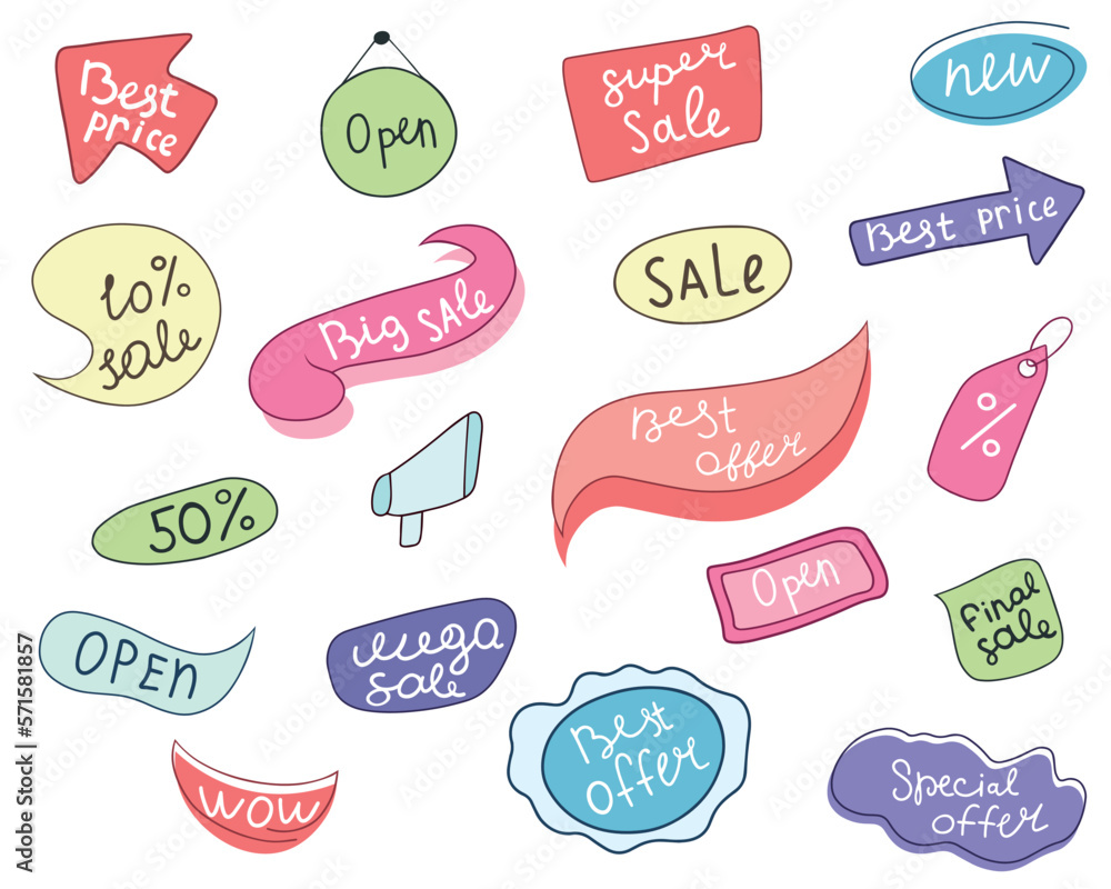 Hand drawn doodle set of stickers for commerce. Advertising labels ...