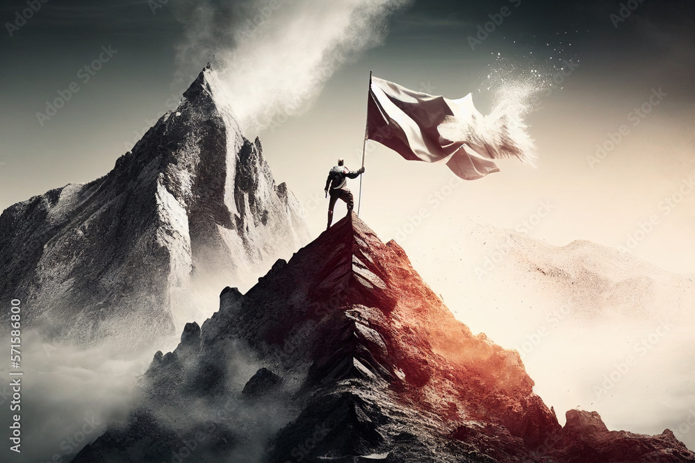 mountain climber following path to flag on top of mountain,Reaching ...