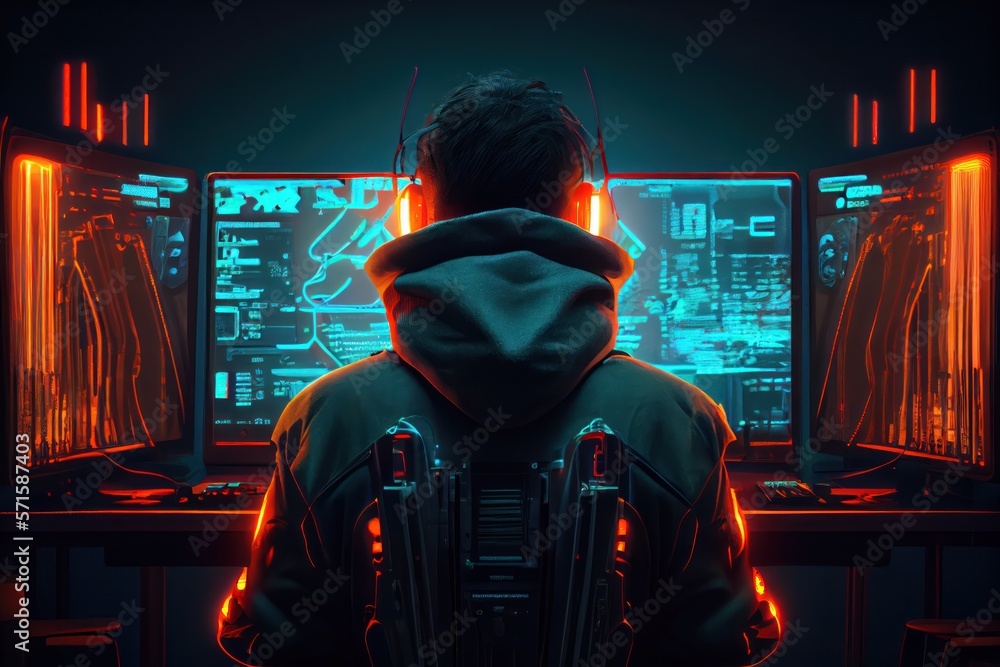 Hacker working on computer. Back view of unrecognizable man sitting in ... Hacker working on computer. Back view of unrecognizable man sitting in ...