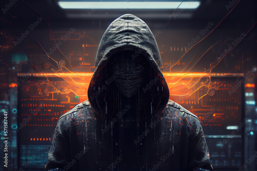 Hacker working on computer. Back view of unrecognizable man sitting in ...